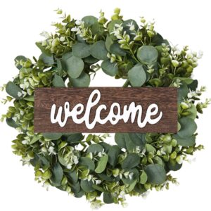 gtidea 18 inch eucalyptus wreath for front door summer wreath with welcome sign greenery wreaths farmhouse for home porch wall bedroom window festival all season wedding decor