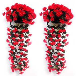 takefuns 2pcs artificial violet flower hanging vine garland, wall wisteria basket, simulation rattan plant for outdoor balcony garden party wedding decorations (red)