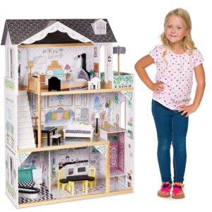 lil' jumbl kids wooden dollhouse, with elevator, balcony & stairs, accessories & furniture included x-large 3 story easy to assemble doll house toy