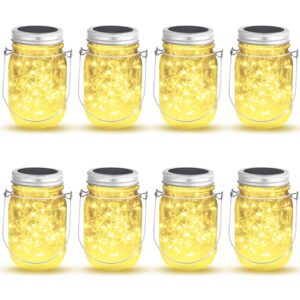 8 pack mason jar solar lights, oxyled 40 led fairy lights solar powered with jars and hangers, waterproof hanging solar lights outdoor, decorative solar lanterns for home garden patio party wedding