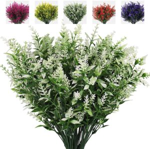 20 bundles artificial lavender flowers outdoor fake flowers faux plants plastic bouquet fake greenery uv resistant no fade faux shrubs home garden porch patio office yard indoor decoration (white)