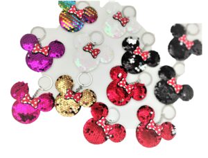 itismine 12 pieces sparkly blink plush reversible sequin 3 inch key chain appeal backpack bag accessories (minnie shape), red pink gold silver rainbow, 1 size fit all