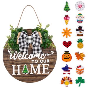 welcome home wood sign decor, interchangeable seasonal welcome sign for front door decor, fall wreath outdoor farmhouse porch, round bowknot wall hanging for easter thanksgiving halloween christmas