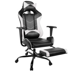 gaming chair pu leather racing chair with footrest, high back recliner swivel office chair headrest ergonomic lumbar support desk chair, executive task computer chairs, white