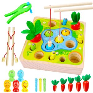 celarlo wooden magnetic fishing game, carrot harvest catching worm toy, toddler fine motor skills toys, montessori preschool learning 3 in 1 fishing sorting toys gift for children kids (fishing game)