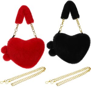 saintrygo 2 pcs valentines day furry purse heart shaped purse women soft fluffy faux fur handbag gift for christmas(red, black)