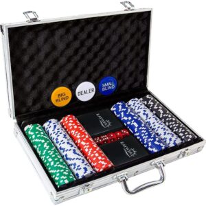 raywer 300 pcs casino chip poker set in aluminum case (11.5 gram chips), 2 decks of cards, 5 dice, 3 buttons for texas holdem blackjack