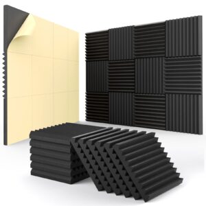 12 pack acoustic panels self-adhesive, 1" x 12" x 12" quick-recovery sound proof foam panels, acoustic foam wedges high density, soundproof wall panels for home studio,carbon black