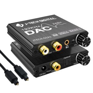 j-tech digital digital to analog audio converter with headphone amplifier & bass, volume control | 192khz 24bit optical coaxial rca 3.5mm [jtech-d2a3]