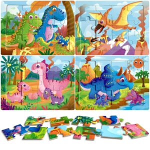 ihomeinf toddler wooden puzzles for kids ages 3-8, montessori toys for 3 4 5 6 7 8 year old, 4 pack dinosaur jigsaw puzzles set preschool learning toys boys girls gifts (dinosaur puzzles 12 pcs)