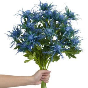 luzoga 3 branch blue artificial thistle flower bouquet for home wedding centerpiece kitchen office garden decor