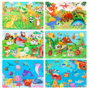 wooden jigsaw puzzles for kids ages 3-5 year old, 6 pack 30 pieces kids puzzles colorful preschool educational learning toys present set for toddler children boys and girls