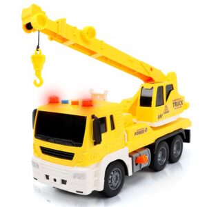 artcreativity light up crane truck toy, kids’ construction toy with a movable crane, leds, and sound effects, push and go construction vehicle toys for kids, crane toys for boys and girls