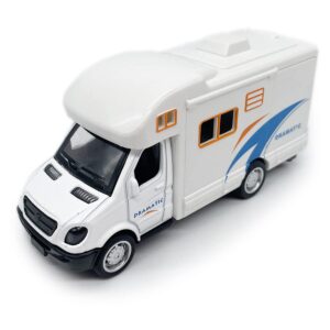 mini toy camper rv motorhome toys for boys pull back diecast model car recreational vehicle adventure with furniture roof and side door open children’s vehicles age 4 5 6 kids birthday gifts, white