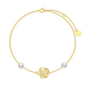 fencci solid 14k gold rose anklet for women, real gold rose flower pearl anklets bracelets for women foot jewelry mothers day gift for mom her wife, 8+1+1 inch