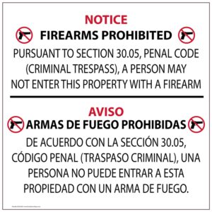 compliancesigns.com texas 30.05 a person may not enter with a firearm bilingual, aluminum, 24" x 24"