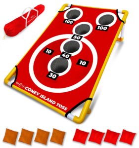 swooc games - coney island toss - arcade style cornhole board set w/carrying case & 15+ games - corn hole games for adults - kids bean bag toss game - kids cornhole set with bags - outdoor yard games