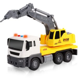 artcreativity light up construction truck toy, excavation truck toy with a rotating back, push and go kids construction toy with led and sound effects, cool construction trucks for boys and girls