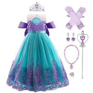 kids girls little mermaid costume ariel princess fancy dress up birthday party halloween christmas carnival cosplay dresses + crown + jewelry fairy tales outfit set purple+green 6-7 years