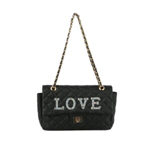 quilted crossbody bags for women, bling letter, multi color, classic flap (black_love)