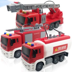 artcreativity light up fire trucks for kids, set of 3, includes ladder truck, tanker truck, & engine truck, fire trucks with real water spraying, leds, & sound, push n go fire trucks for boys & girls