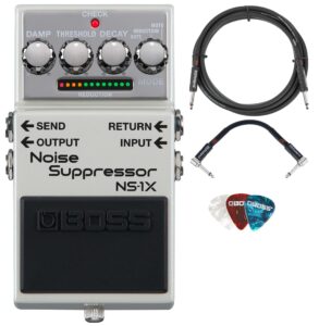 boss ns-2 noise suppressor bundle with 10ft instrument cable, 6in patch cable, and picks