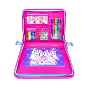 scenticorns sweet scented lap desk set | includes 10 scented markers, 10 gel pens, 10 colored pencils, 2 erasers, sharpener & 12-page coloring pad