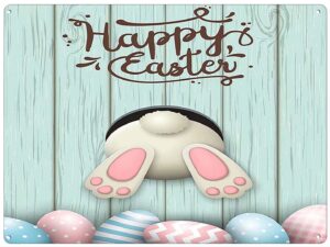 wzvzgz wall hanging plaque metal tin,happy easter bunny tail rabbit easter eggs welcome spring,novelty sign for living room garden bedroom office hotel cafe bar club wall decor 8x12inch