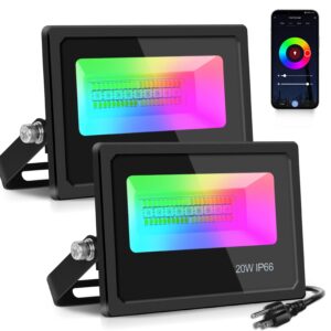 wysman smart wifi flood light, work with alexa&google home, outdoor dimmable rgb color changing 2700k-6500k, 20w 2000lm equivalent to 140w stage lights, wall washer for landscape garden party, 2 pack