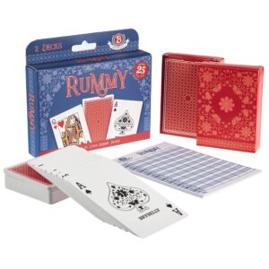 rummy card game kit - classic family melding game for 2-6 players - two plastic-coated poker-size, standard index decks of 54 cards + 25 tear-away score pads + full instructions for gin rummy