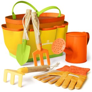 kinderific gardening set, tool kit, for kids, stem, includes tote bag, spade, watering can, rake, fork, trowel and gloves (pale yellow)