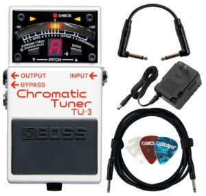 boss tu-3 chromatic tuner pedal bundle with power supply, instrument cable, patch cable, and picks