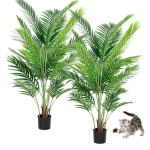 justoyou 2 pack artificial palm tree plant, 5ft large fake silk tree with pot for indoor and outdoor home office garden modern decoration gift (2 pack)