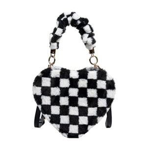 women girls fuzzy heart shape handbag soft warm fleece dating bag crossbody purse (black checkerboard)