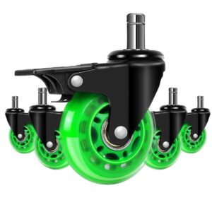 office chair wheels with brake replacement rubber desk chair casters-protection for hardwood floors and carpet-set of 5-heavy duty office to replace office chair mats-universal fit-green(c-50)