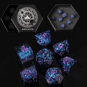 dnd dice set resin polished edge polyhedral dice set d&d rpg suitable for dungeons and dragons role playing games dice gift box sharp-edged band sparkling laser inclusions(mix black & blue color)…