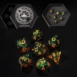 dnd dice set resin polished edge polyhedral dice set d&d rpg suitable for dungeons and dragons role playing games dice gift box sharp-edged band sparkling laser inclusions（mix brown & green color）