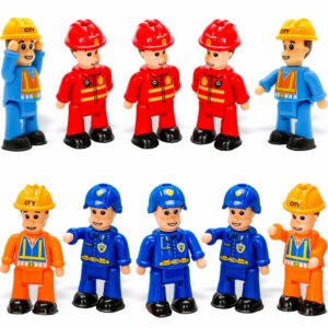 funerica 10-set toy people figures - bendable fireman, police, construction workers, community helpers, play little people toys figurines dollhouse firefighter playset