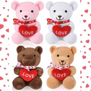 hydren 4 pcs valentine's day stuffed bear 6'' cute stuffed animals soft bear with red heart small sweet cuddly plush toys gift for classroom exchange prizes party (pink, white, brown, khaki)