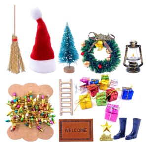 hklmro 22pcs doll house christmas decoration fake light string hat wreath mini tree gift boxes dollhouse 1:12 toyhouse miniature model pretend diy fairy figurines garden hanging ornaments party