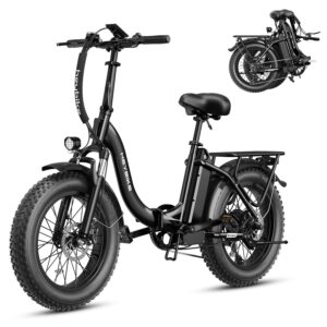 heybike ranger electric bike for adults, peak 1400w upgraded motor ebike, 28mph [20" fat tire all-terrain] 600wh removable battery folding step-thru moped e bike with front suspension