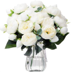 ninat peony artificial flowers artificial bouquet fake flowers silk 20 heads 16 buds with flower stem for wedding valentine's day party home decoration pack of 4 (white)