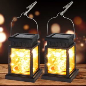 pamker 2 pack outdoor solar lights christmas solar lanterns outdoor waterproof hanging lantern decorative outdoor solar lamp led solar powered lighting for table garden patio yard party black