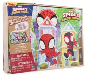 disney junior marvel spider-man spidey amazing friends - set of 5 wood puzzles with storage box for kids - ages 4 and up