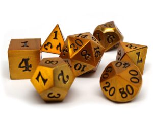 7 piece legendary metal dice set - bronze, gold, silver, and copper designs with signature font (legendary copper)