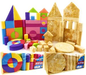 matty's toy stop deluxe eva soft foam colorful building blocks (52 pcs) & wood grain soft building blocks (52 pcs) gift set bundle with carry cases - 2 pack (104 pcs total)