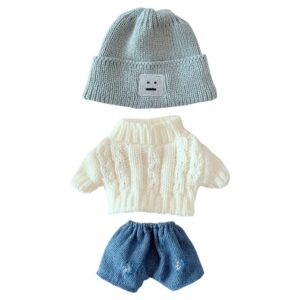 niannyyhouse doll clothes suit 7.8in/20cm plush doll clothes hat + sweater + shorts 3-piece set doll dressup square face hat denim shorts white sweater (blue)