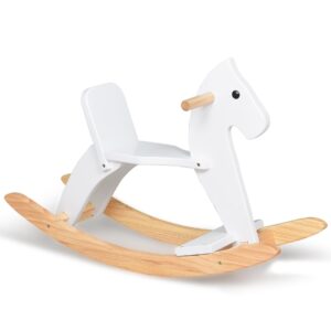 krand wooden rocking horse baby ride on toy for toddlers solid wood classic design with comfortable pedal and safe backrest ideal gift for kids (classic, white)