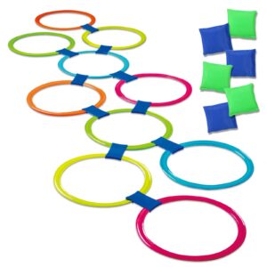 goodlysports 2-in-1hopscotch & bean bag toss,combine hopscotch rings with bean bag toss game, bean bag toss game for kids,hopscotch outdoor game,agility rings,fun playground toys for boys and girls