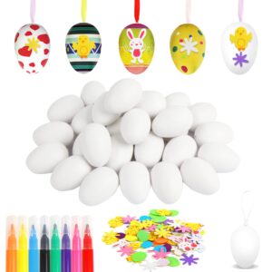 ccinee plastic diy easter eggs set, 30pcs white egg ornaments with rope 8pcs colored pens and 80pcs foam stickers for kids easter crafts party supply